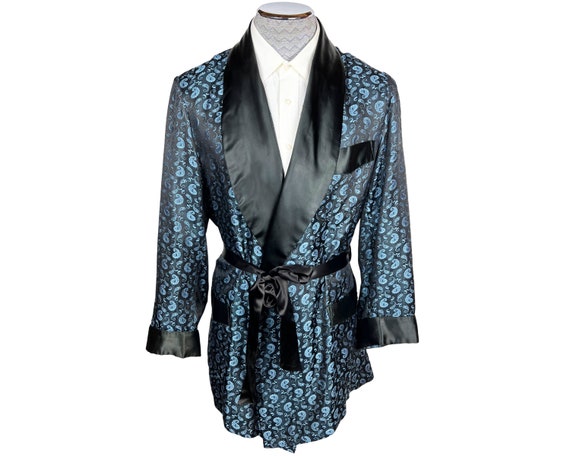 Vintage Mens Smoking Jacket 1960s Majestic Blue Paisl… - Gem
