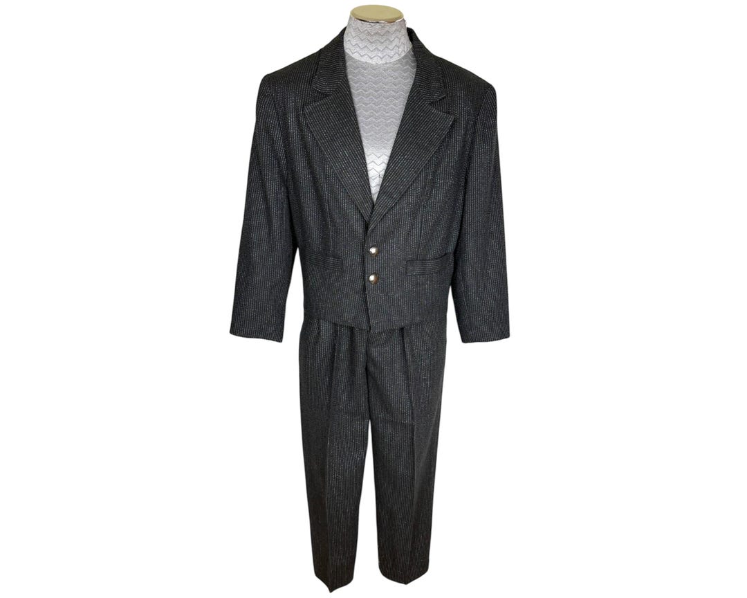 Vintage 1980s New Wave Suit Silver Striped Black Wool Size S 30” Waist ...