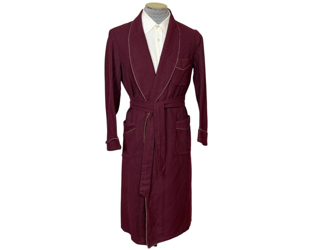 Vintage 1950s Burgundy British Wool Dressing Gown Lounging Robe Mens M ...