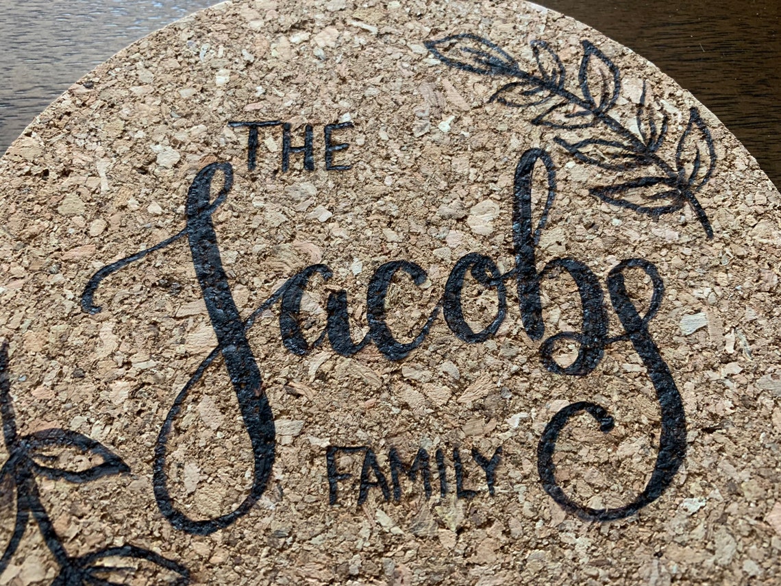 Personalized Family Name Cork Trivets With Hand Burned Designs - Etsy