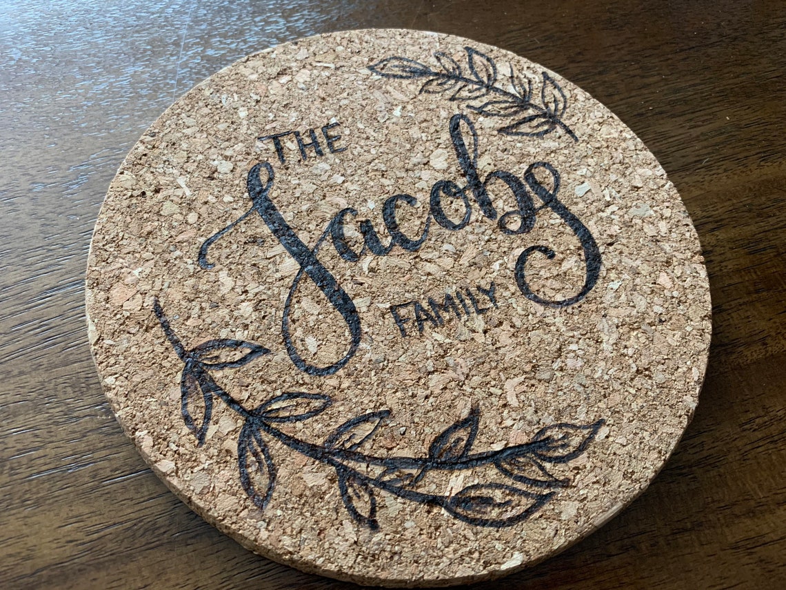 Personalized Family Name Cork Trivets With Hand Burned Designs - Etsy