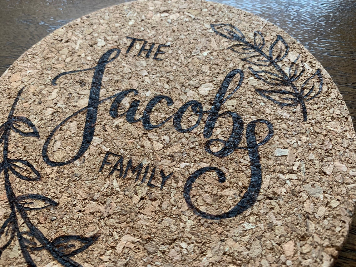 Personalized Family Name Cork Trivets with Hand Burned Designs | Etsy