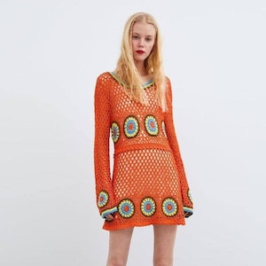 Women's Orange Dress With Multi-colored Round Motifs Crochet / Made to ...