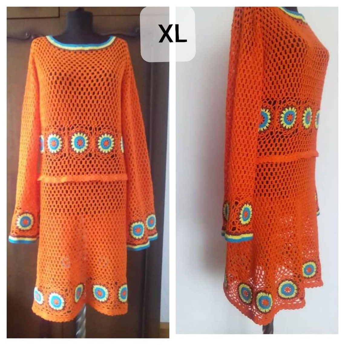 Women's Orange Dress With Multi-colored Round Motifs - Etsy