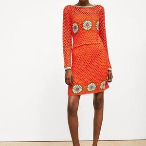 Women's Orange Dress With Multi-colored Round Motifs Crochet / Made to ...