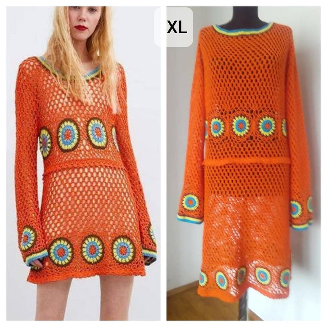 Women's Orange Dress With Multi-colored Round Motifs - Etsy