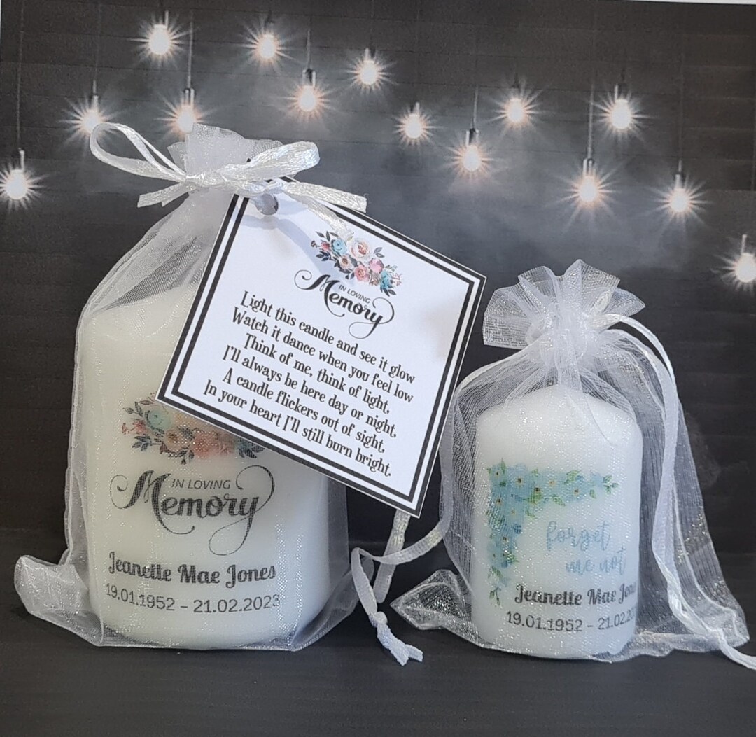 10 X Personalised Funeral Memorial Candles VOTIVE OR PILLAR Choice of 8 ...