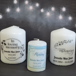 10 X Personalised Funeral Memorial Candles VOTIVE OR PILLAR Choice of 8 ...