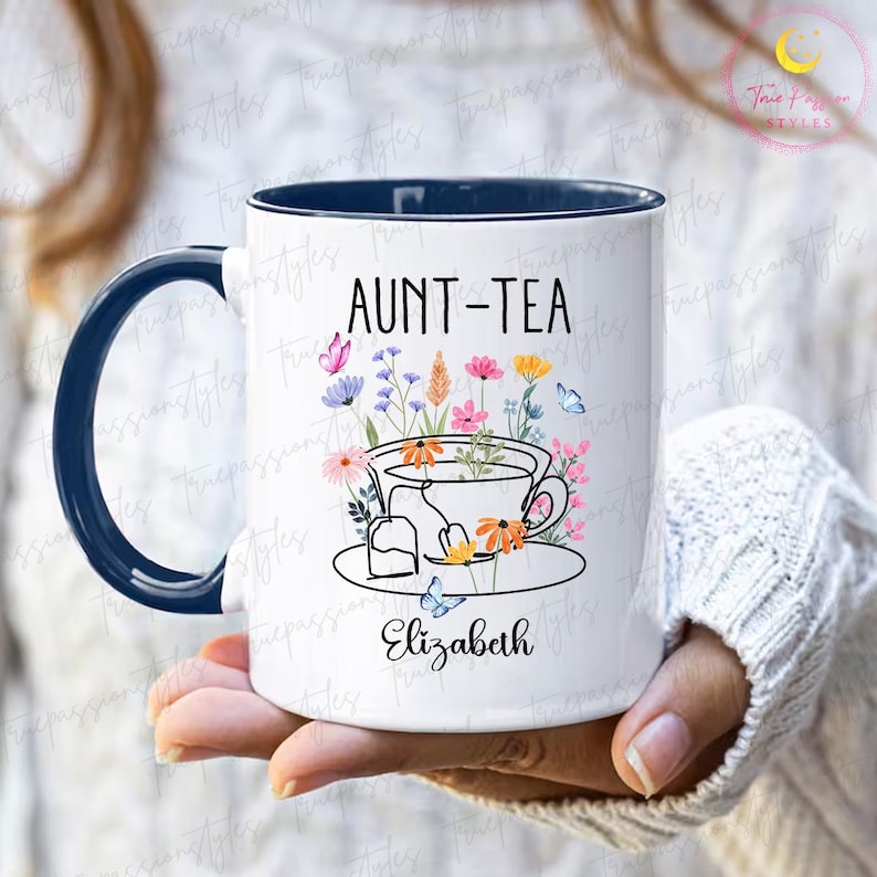 Personalized Floral Auntie Mug, Custom Wildflowers Aunt-tea Mug ...