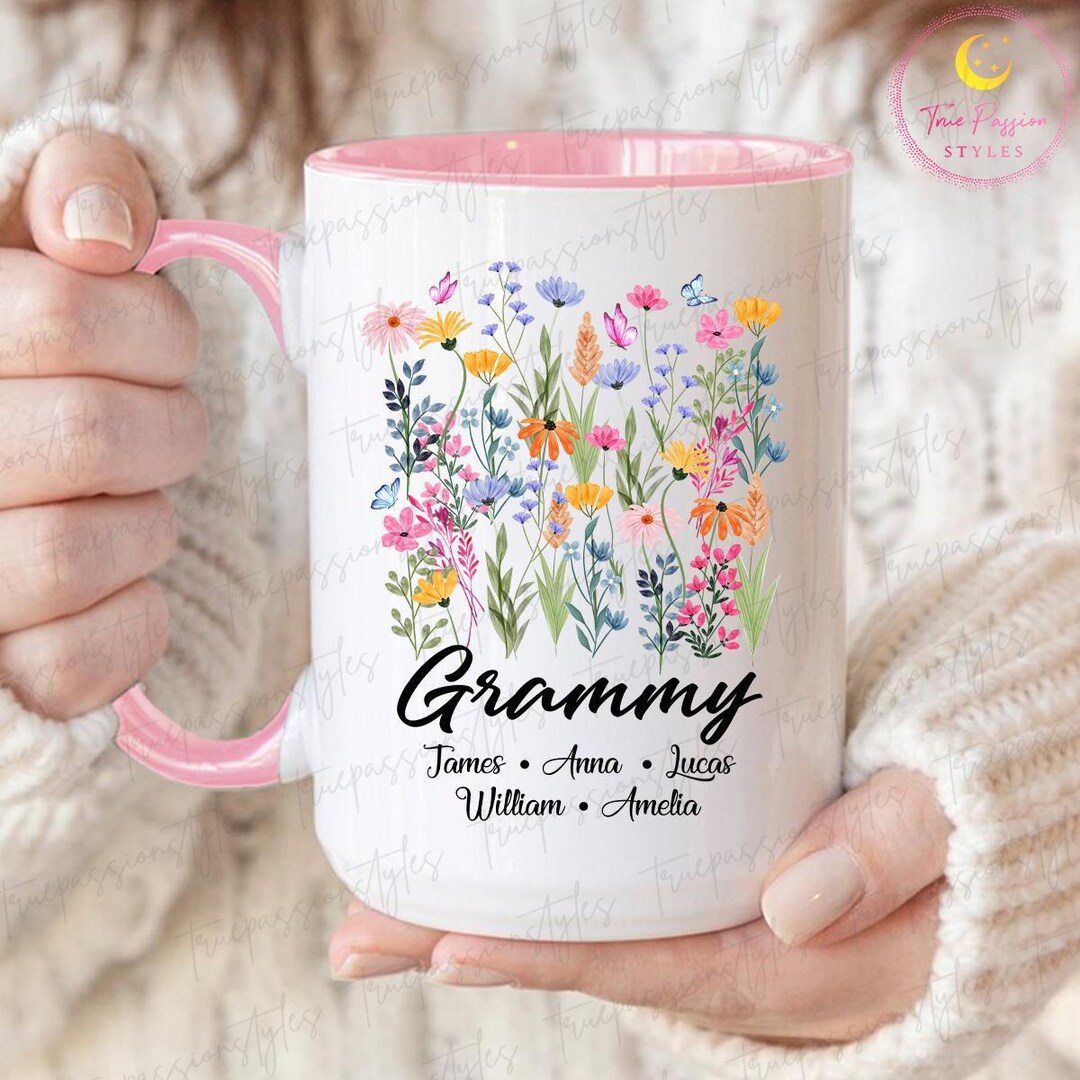Personalized Floral Grammy Mug With Kids Names, Custom Wildflowers ...
