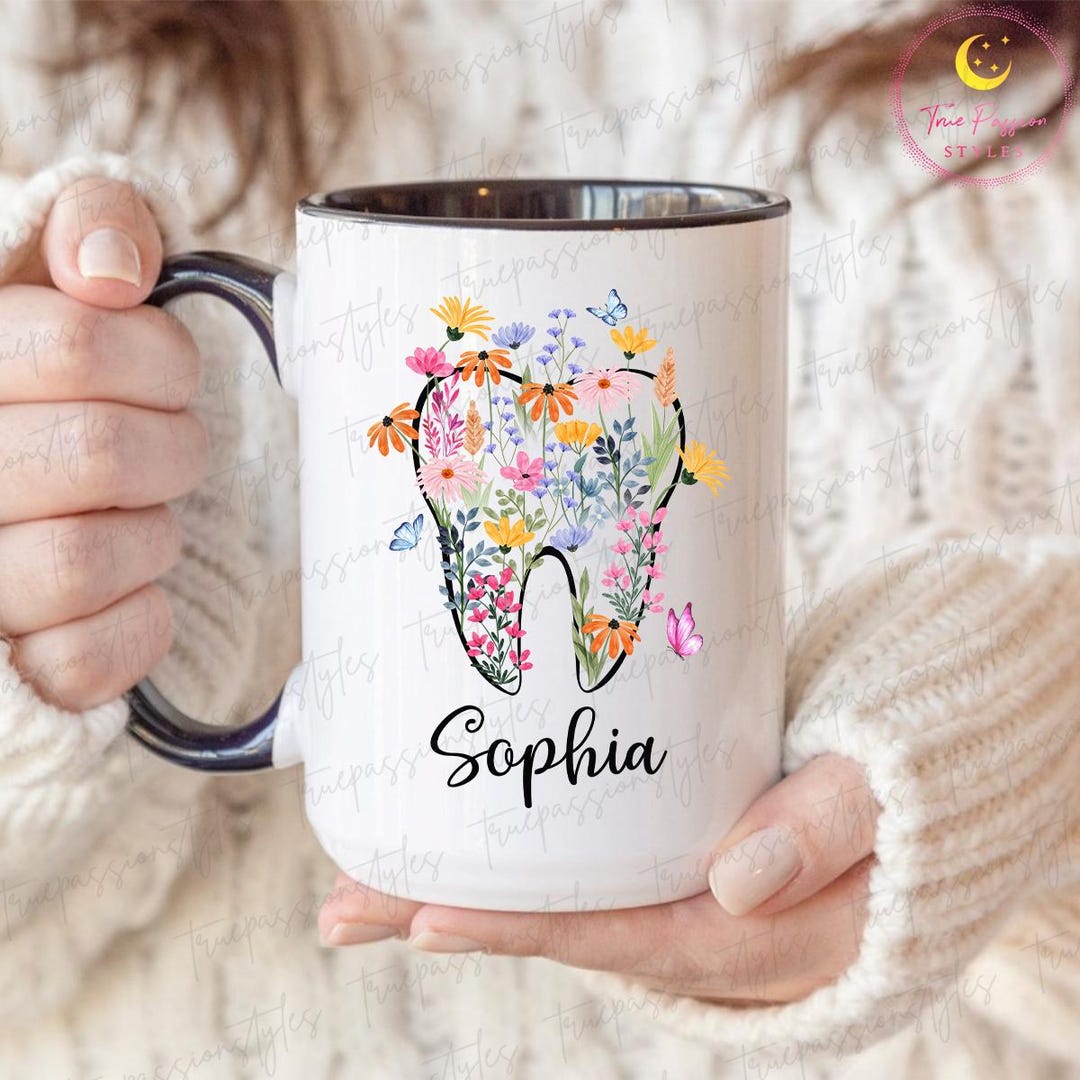Custom Dental Hygiene Mug, Personalized Dental Assistant Mug, Floral ...
