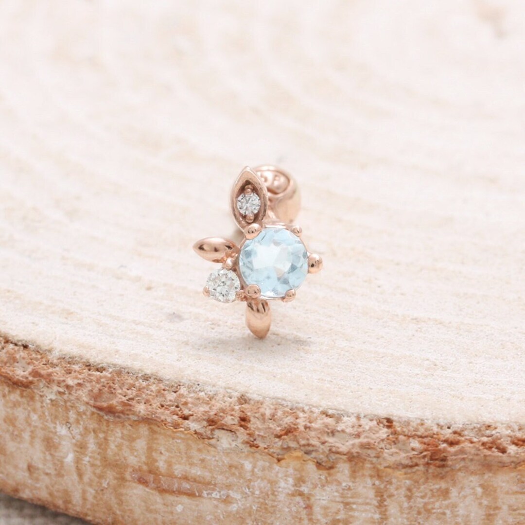 14K 18K Solid Gold Genuine Aquamarine & Tiny Diamonds Elf Leaf Stud ...