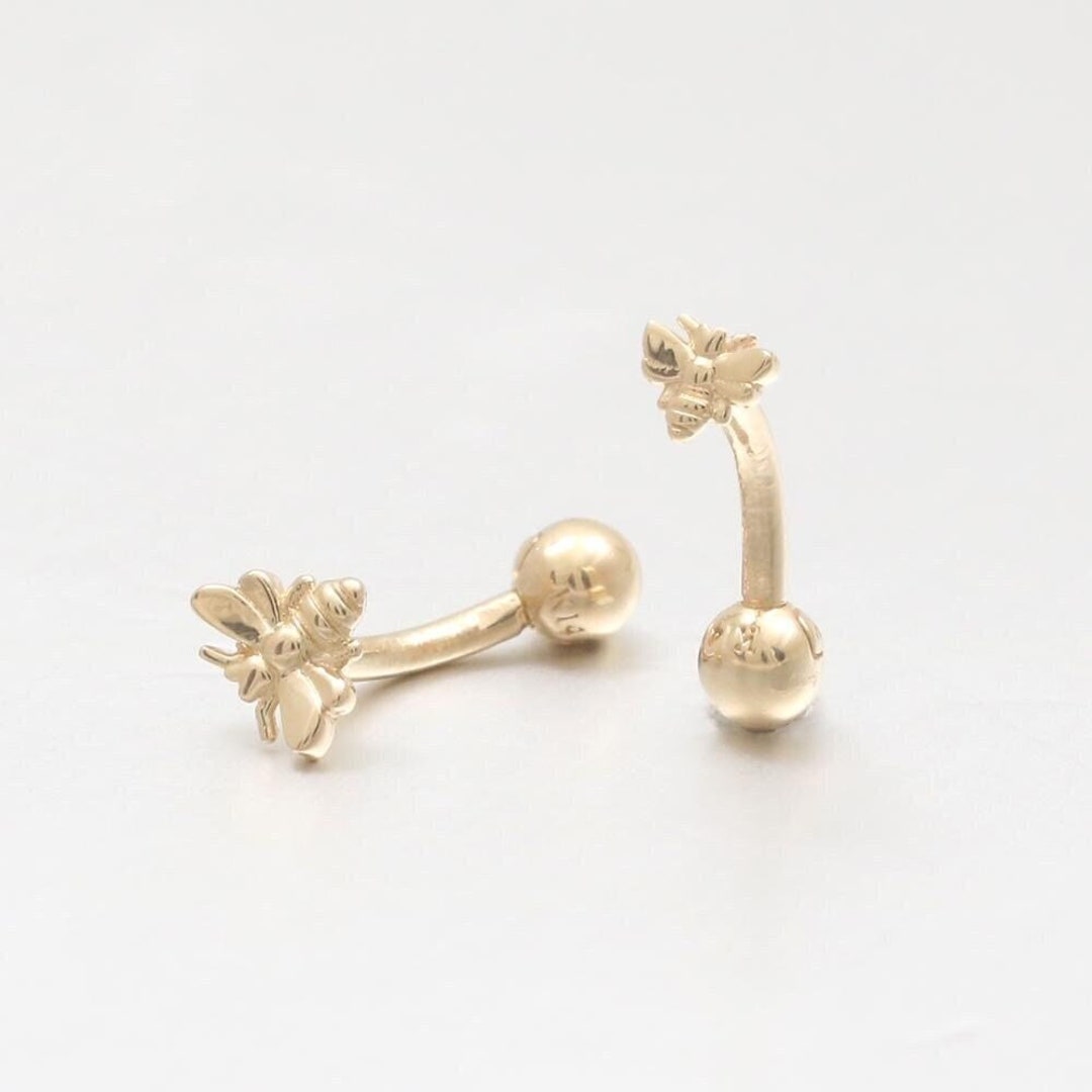 14K 18K Solid Gold Tiny or Small Honey Bee & Ball Curved Barbell Ear ...
