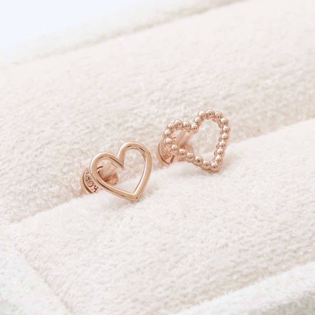 14K 18K Solid Gold Small Open Heart or Tiny Dots Bubbles Heart Ear Stud ...