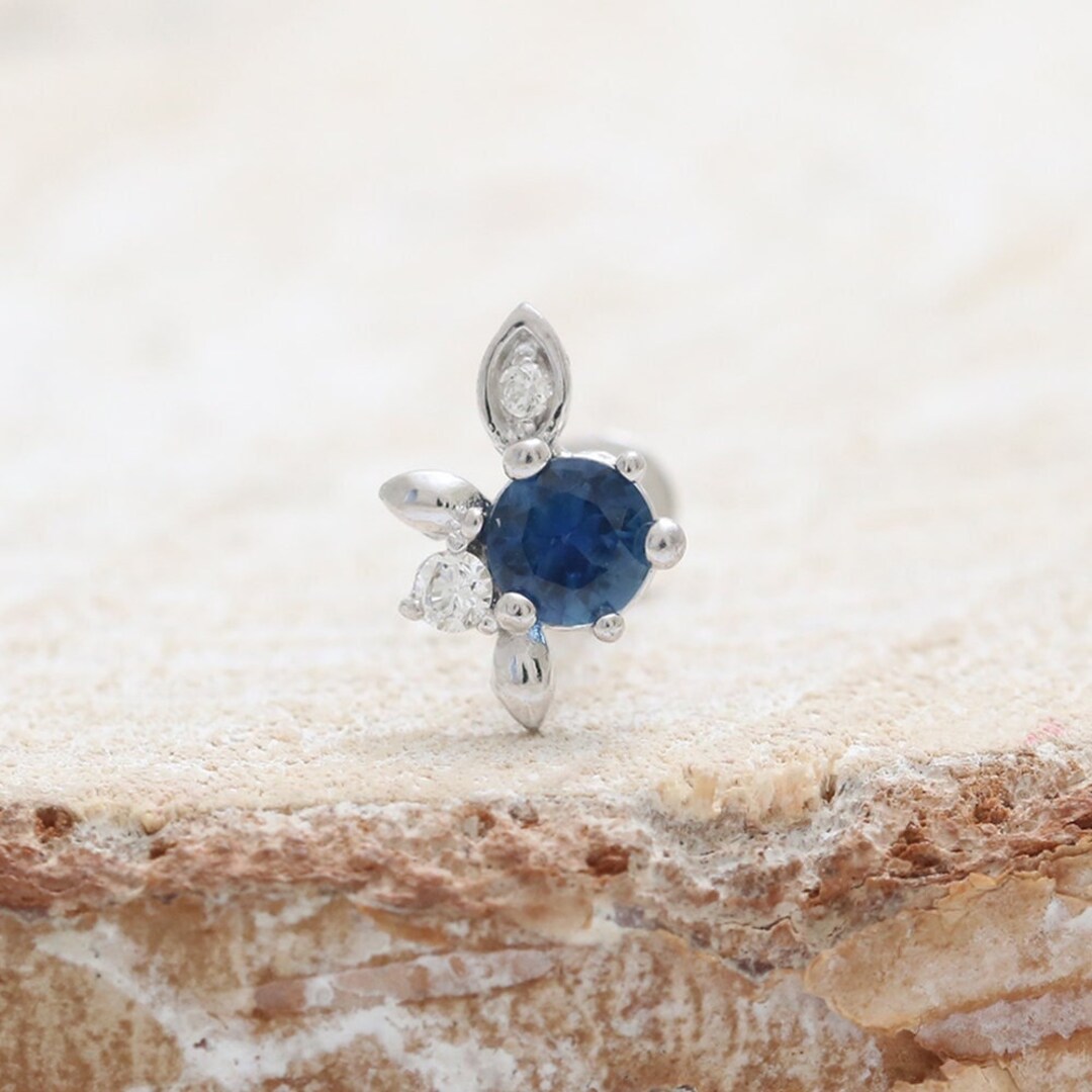 14K Solid Gold 0.1ct Genuine Blue Sapphire & Diamonds Elf Leaf Ear Stud ...
