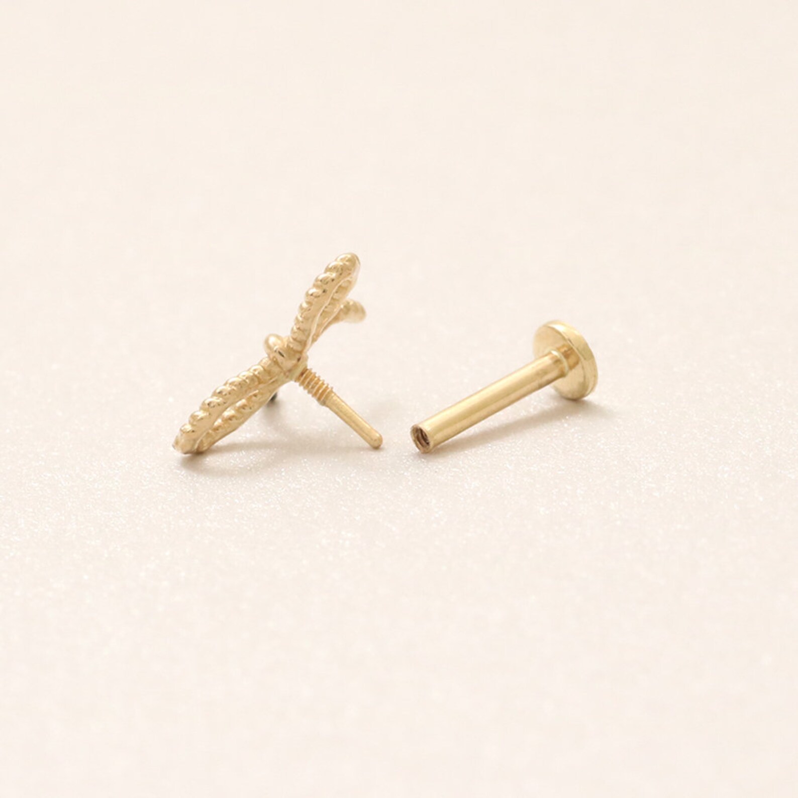 14K Solid Gold Rope Wire Bow Ribbon Ear Stud, Cartilage, Tragus, Helix ...