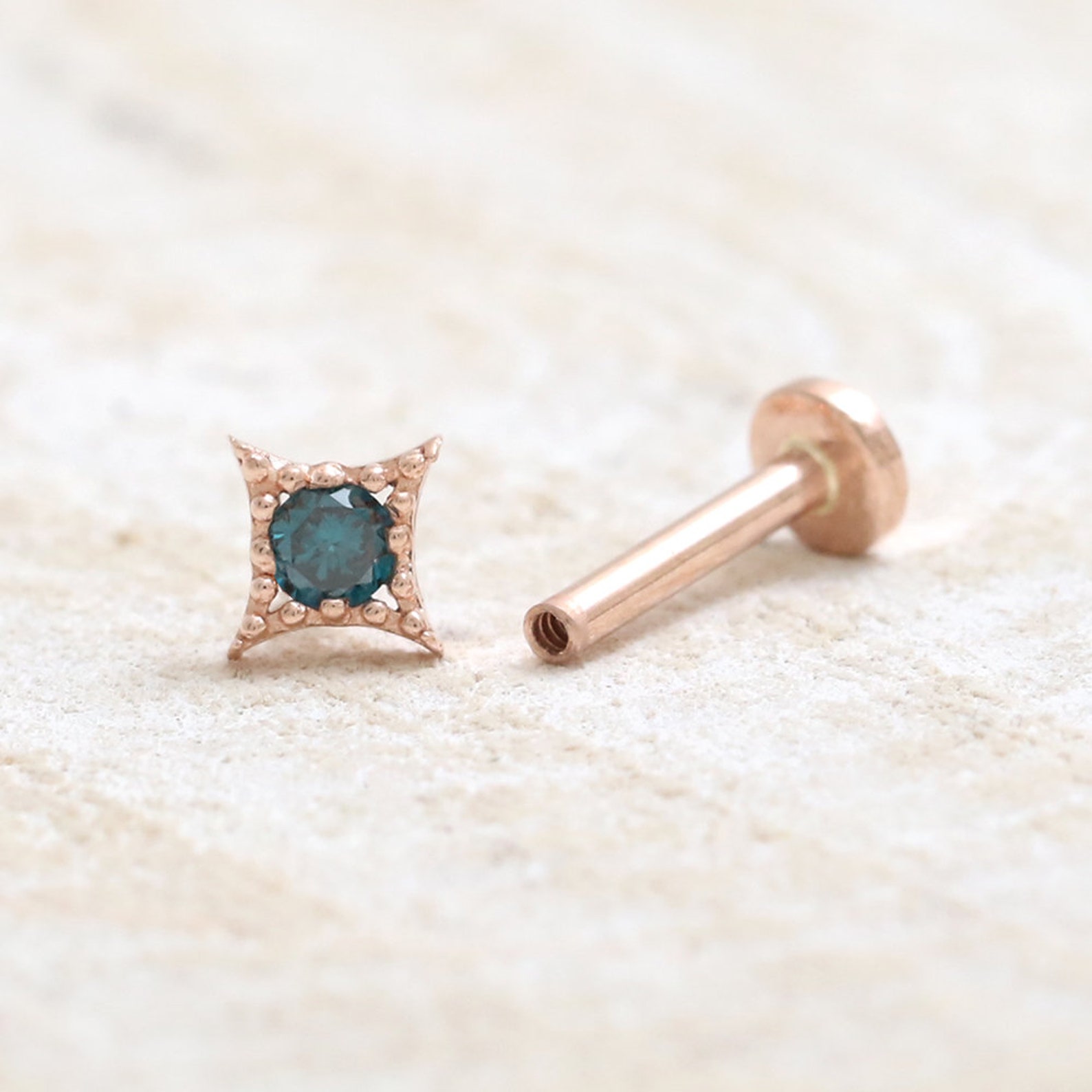 14K Solid Gold Genuine Blue Diamond Accent Tiny Rhombus Ear Stud ...