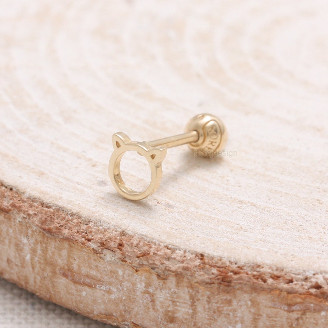 14K 18K Solid Gold Tiny Cut Kitty Cat Outline Ear Stud Cartilage ...