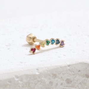 14K 18K Solid Gold Multi Color Rainbow CZ Long Curved Stick Stud, Cartilage, Tragus, Helix ...