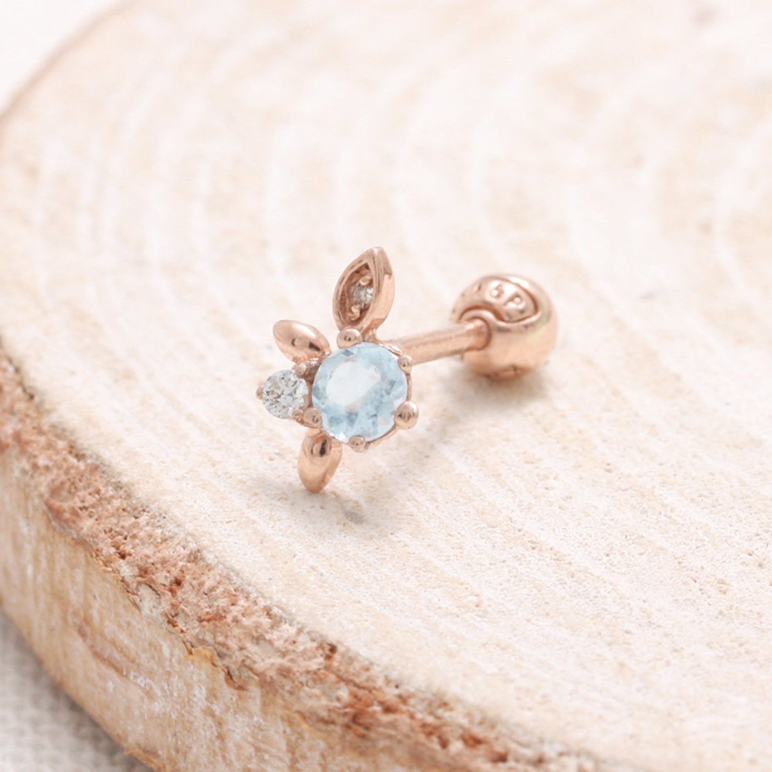 14K 18K Solid Gold Genuine Aquamarine & Tiny Diamonds Elf Leaf Stud ...