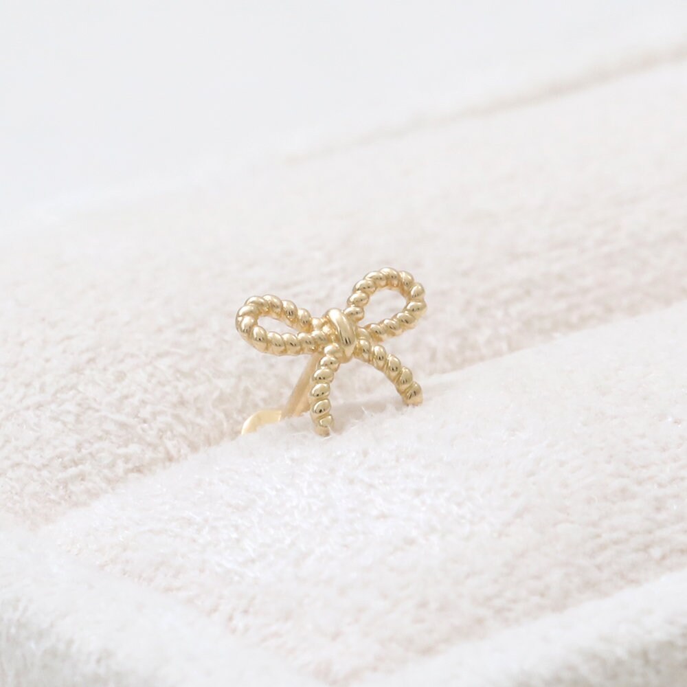 14K Solid Gold Rope Wire Bow Ribbon Ear Stud, Cartilage, Tragus, Helix ...