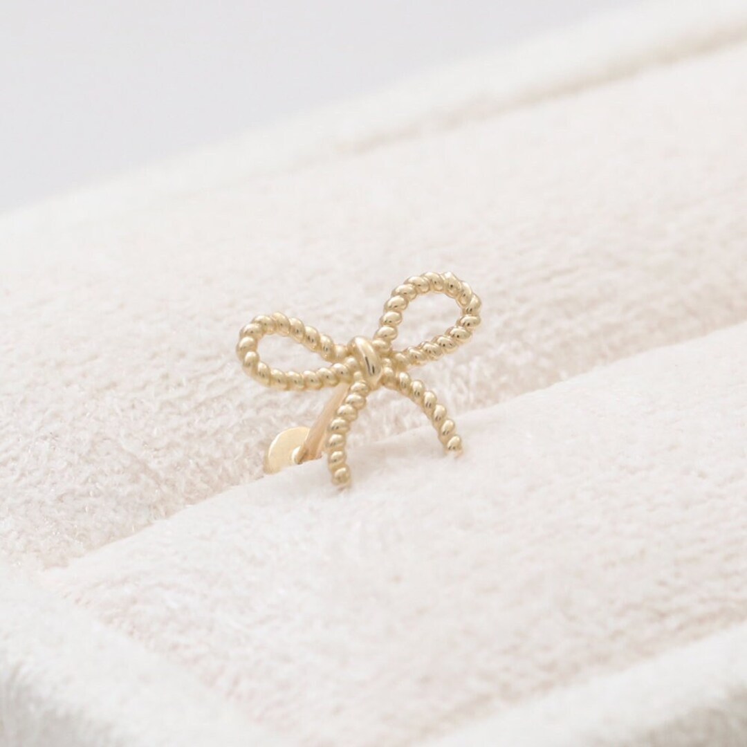 14K Solid Gold Rope Wire Bow Ribbon Ear Stud, Cartilage, Tragus, Helix ...