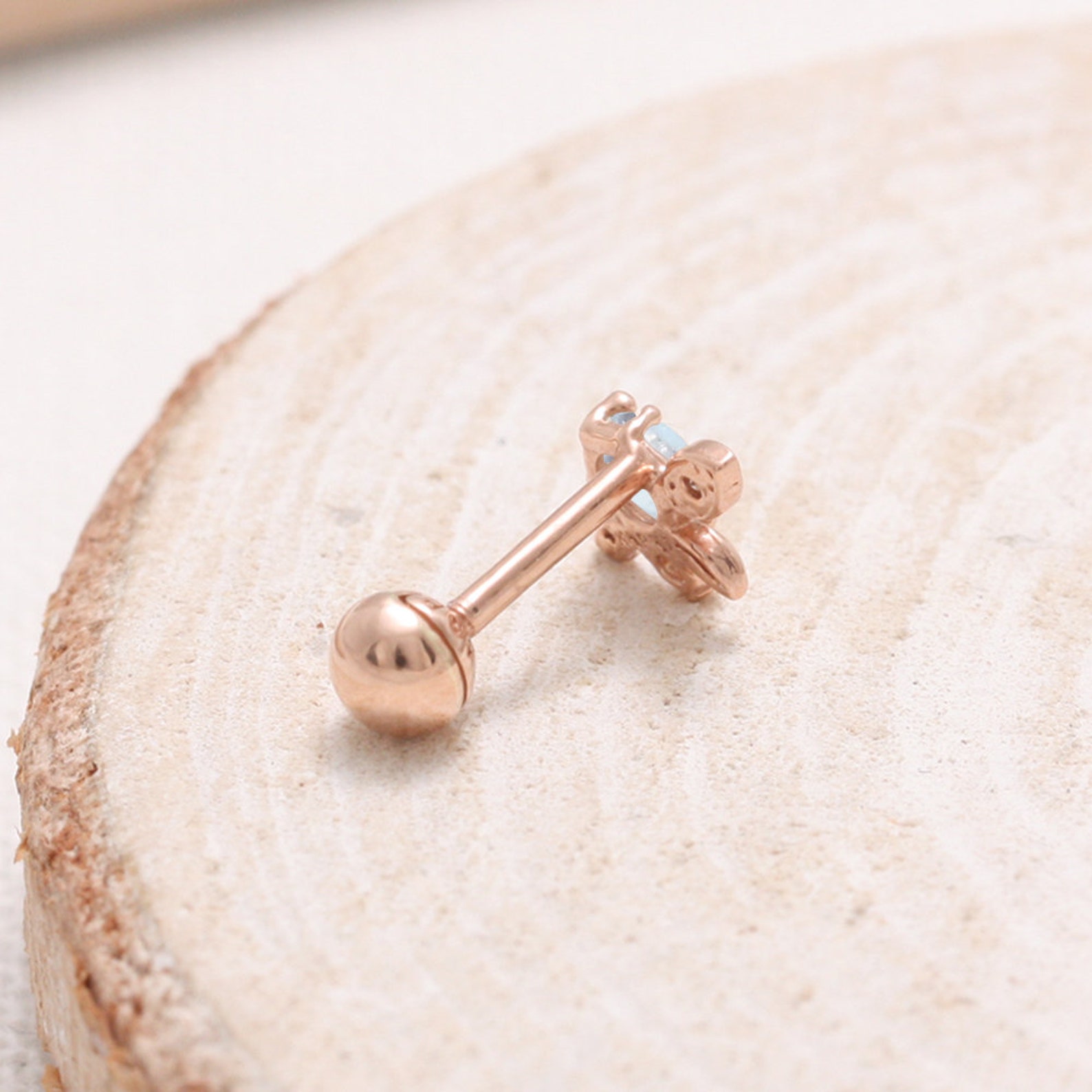 14K 18K Solid Gold Genuine Aquamarine & Tiny Diamonds Elf Leaf Stud ...