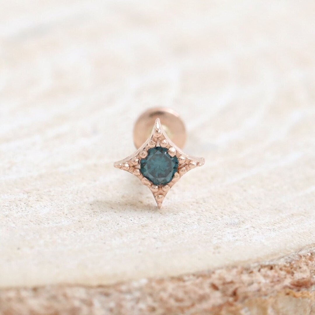 14K Solid Gold Genuine Blue Diamond Accent Tiny Rhombus Ear Stud ...