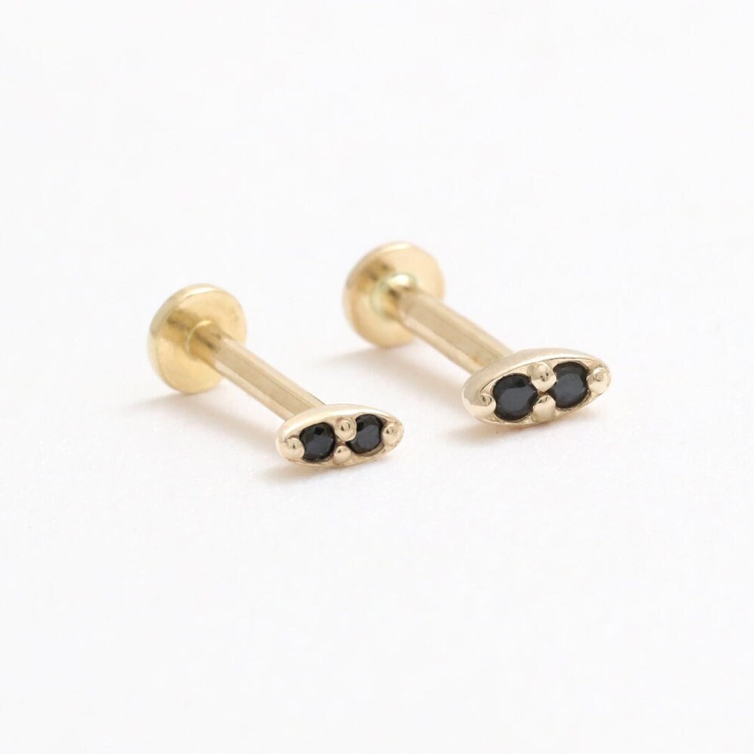 14K Solid Gold Dual Black CZ or Genuine Black Diamond Ultra Tiny, Small Oval Stud Cartilage ...