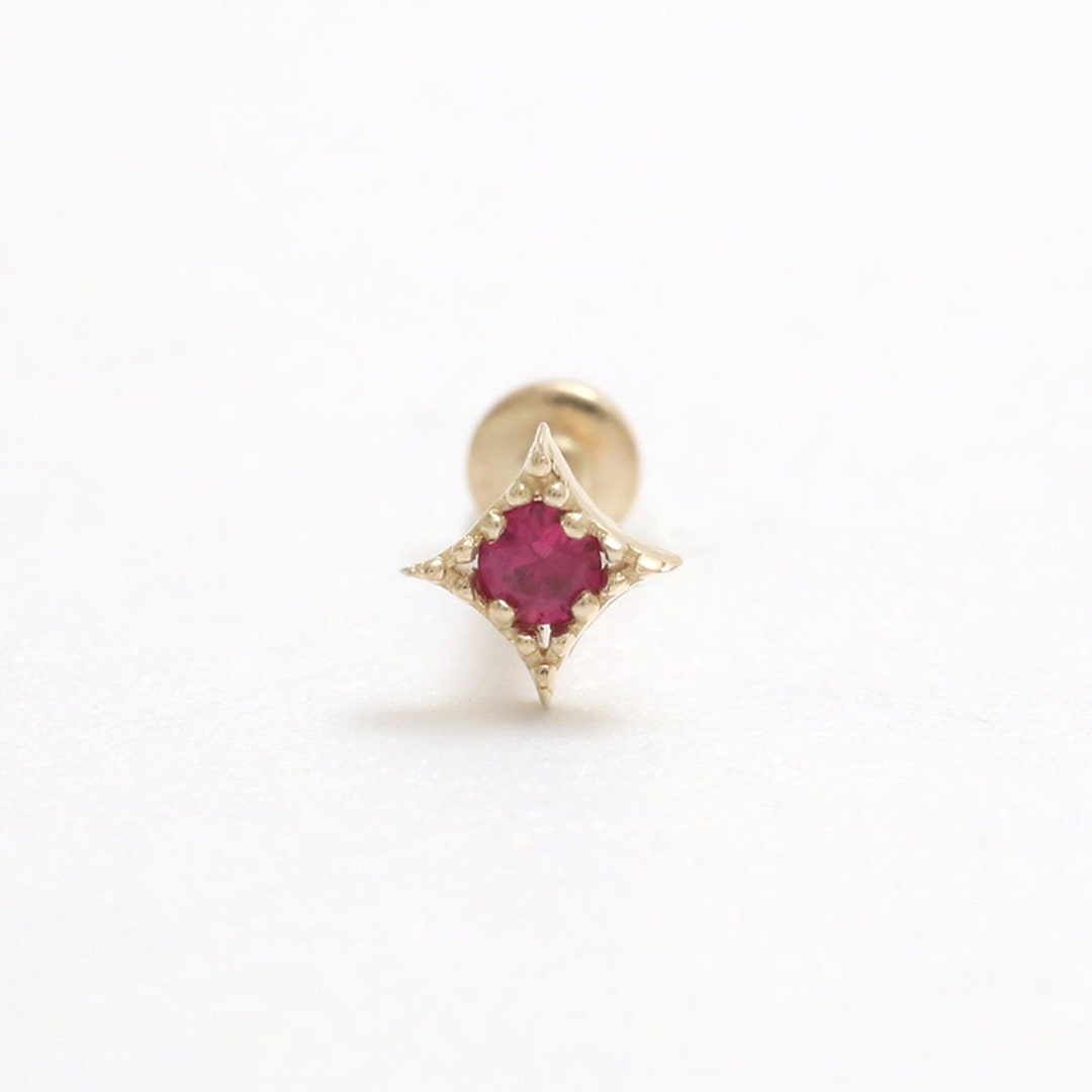 14K Solid Gold Ruby CZ or Genuine Ruby Accent Tiny Diamond Shaped Ear ...