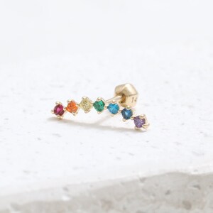 14K 18K Solid Gold Multi Color Rainbow CZ Long Curved Stick Stud, Cartilage, Tragus, Helix ...