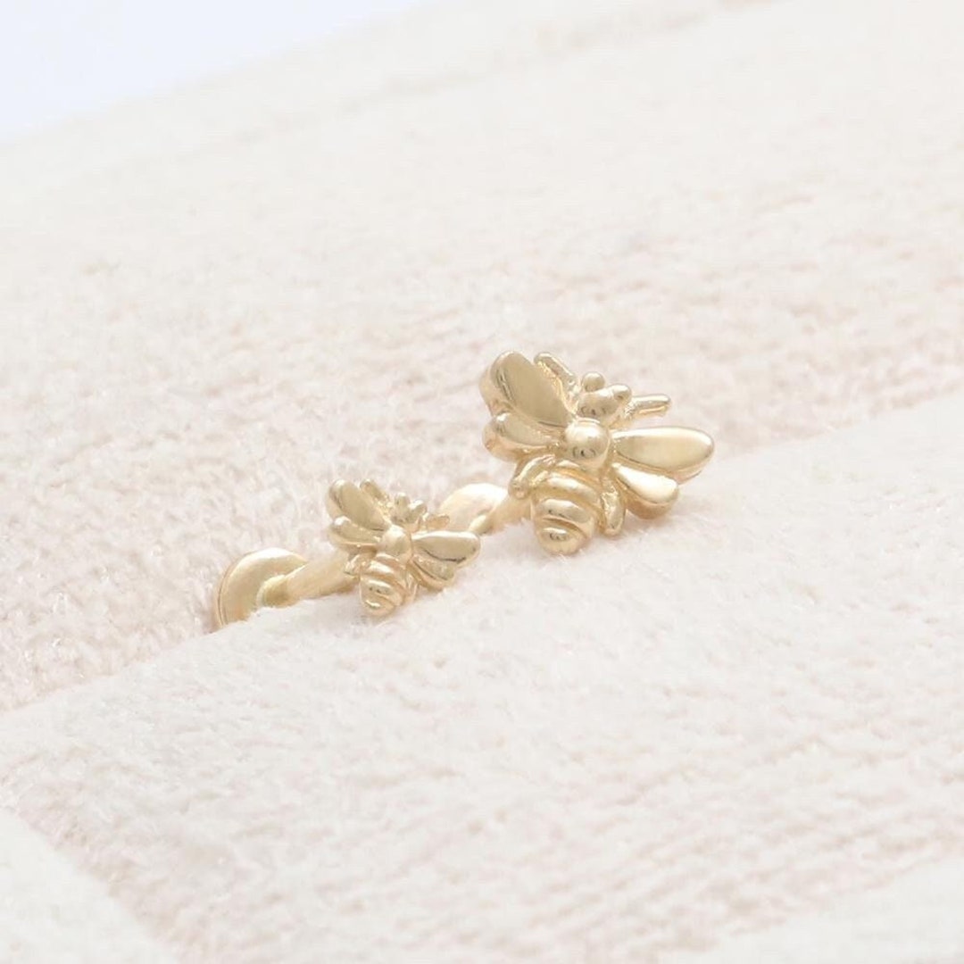 14K Solid Gold Tiny or Small Honey Bee Ear Stud, Cartilage Tragus Helix ...