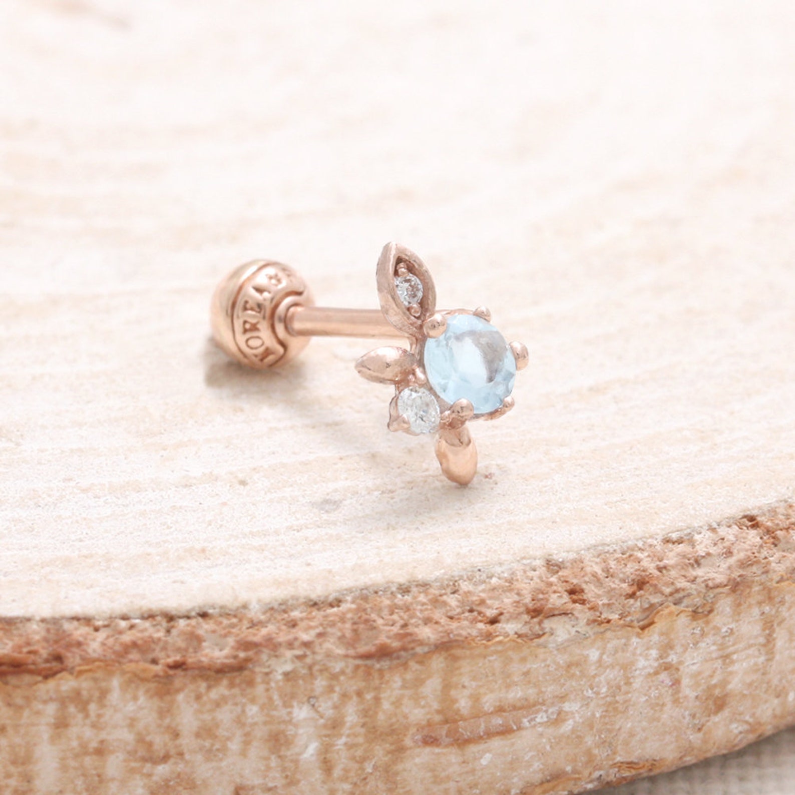 14K 18K Solid Gold Genuine Aquamarine & Tiny Diamonds Elf Leaf Stud ...