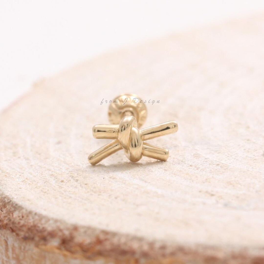 14K 18K Solid Gold Bow Wire Knot Ribbln Ear Stud Tragus Helix Outer ...