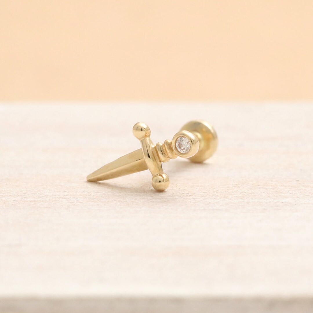 14K Solid Gold CZ, Moissanite, Lab or Genuine Diamond Bezel Sword Ear ...