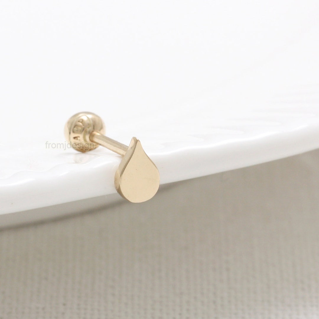 14K 18K Solid Gold Tiny Flat Teardrop Ear Stud, Cartilage, Tragus ...