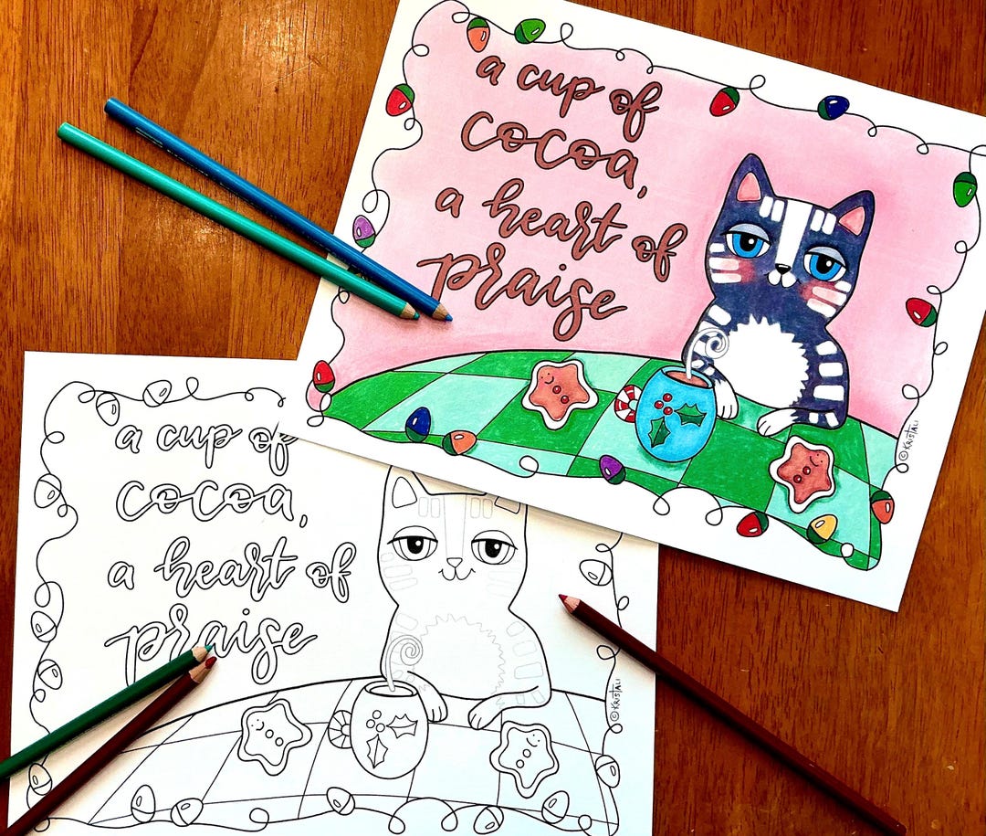 A Cup of Cocoa Cat Coloring Page | Cozy Faith Printable Art | Christmas ...