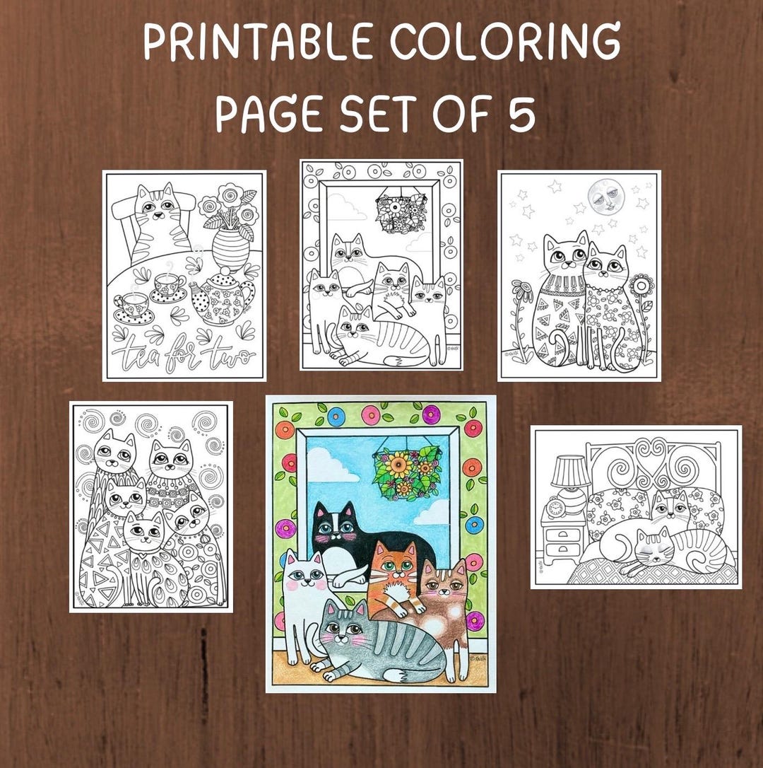 Whimsical Cat Coloring Pages Bundle | 5 Printable Cat Art Designs ...