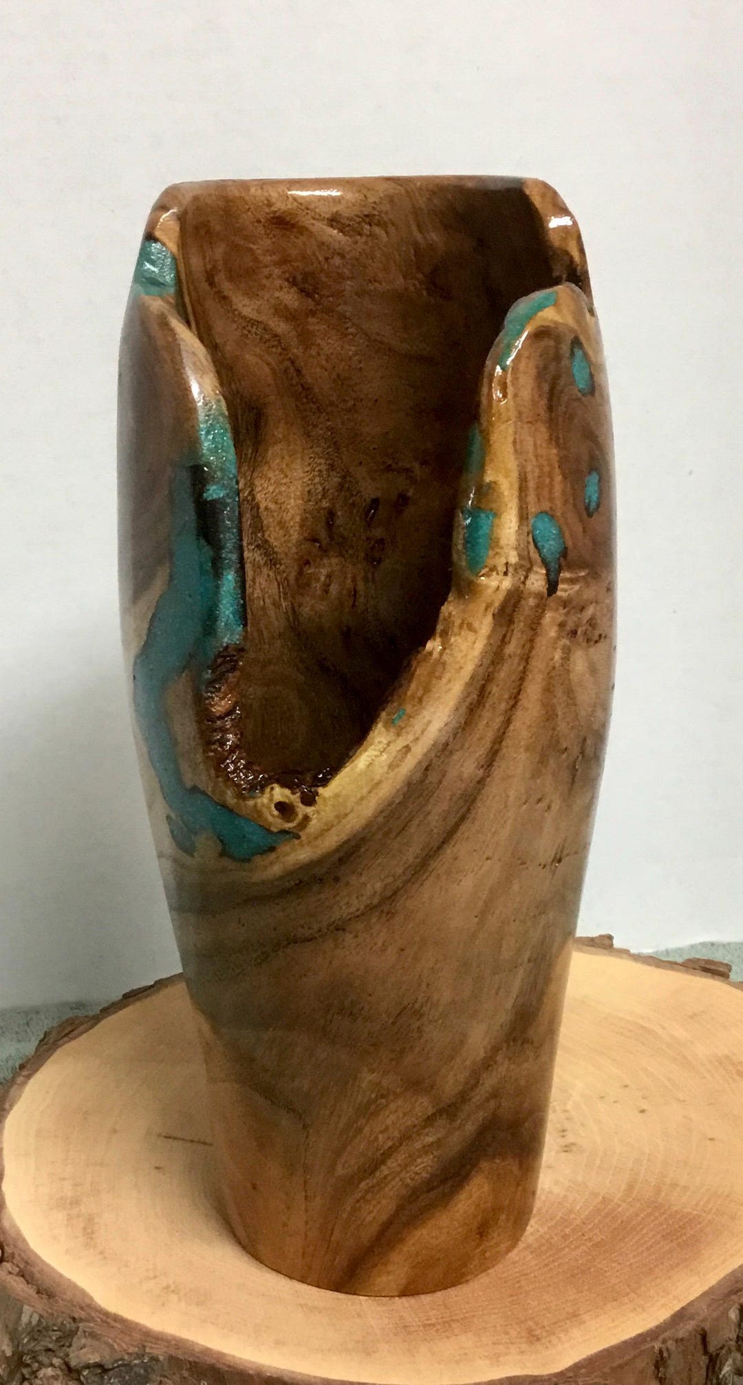 This is a Mesquite Burl Vase With Turquoise Inlay, is 10 3/4 Tal by 4 3 ...