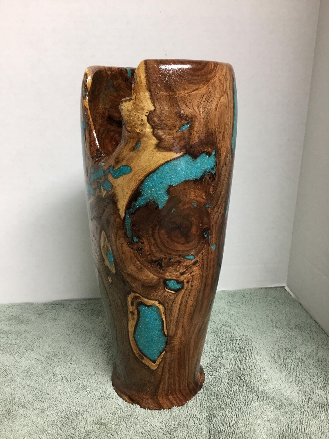 This is a Mesquite Burl Vase With Turquoise Inlay, It is 11 1/4 Tall by ...
