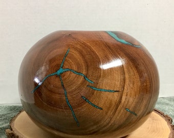 This is a Mesquite Wood Burl Bowl With Turquoise Inlay, is 4 7/8 Tall ...