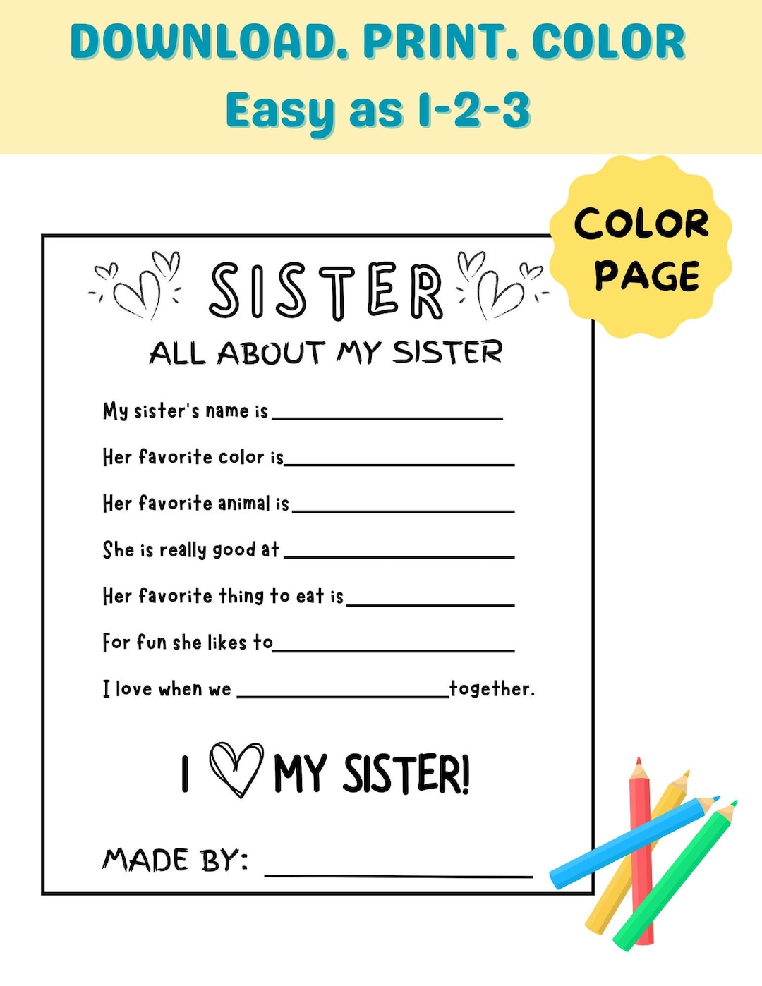 All About My Sister Printable, Sister Printable, Sister Activity ...