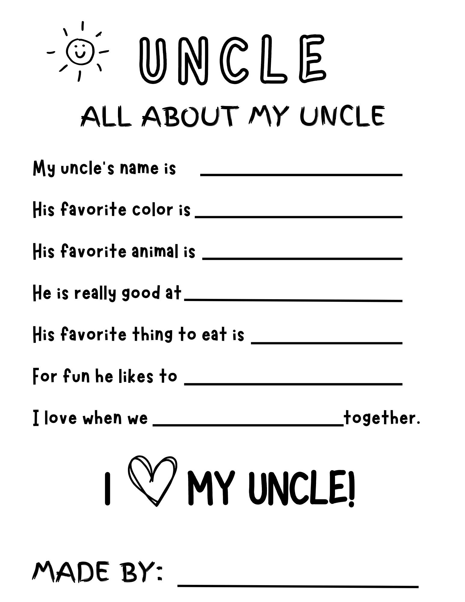 All About My Uncle Printable, Uncle Printable, Uncle Activity, Uncle ...