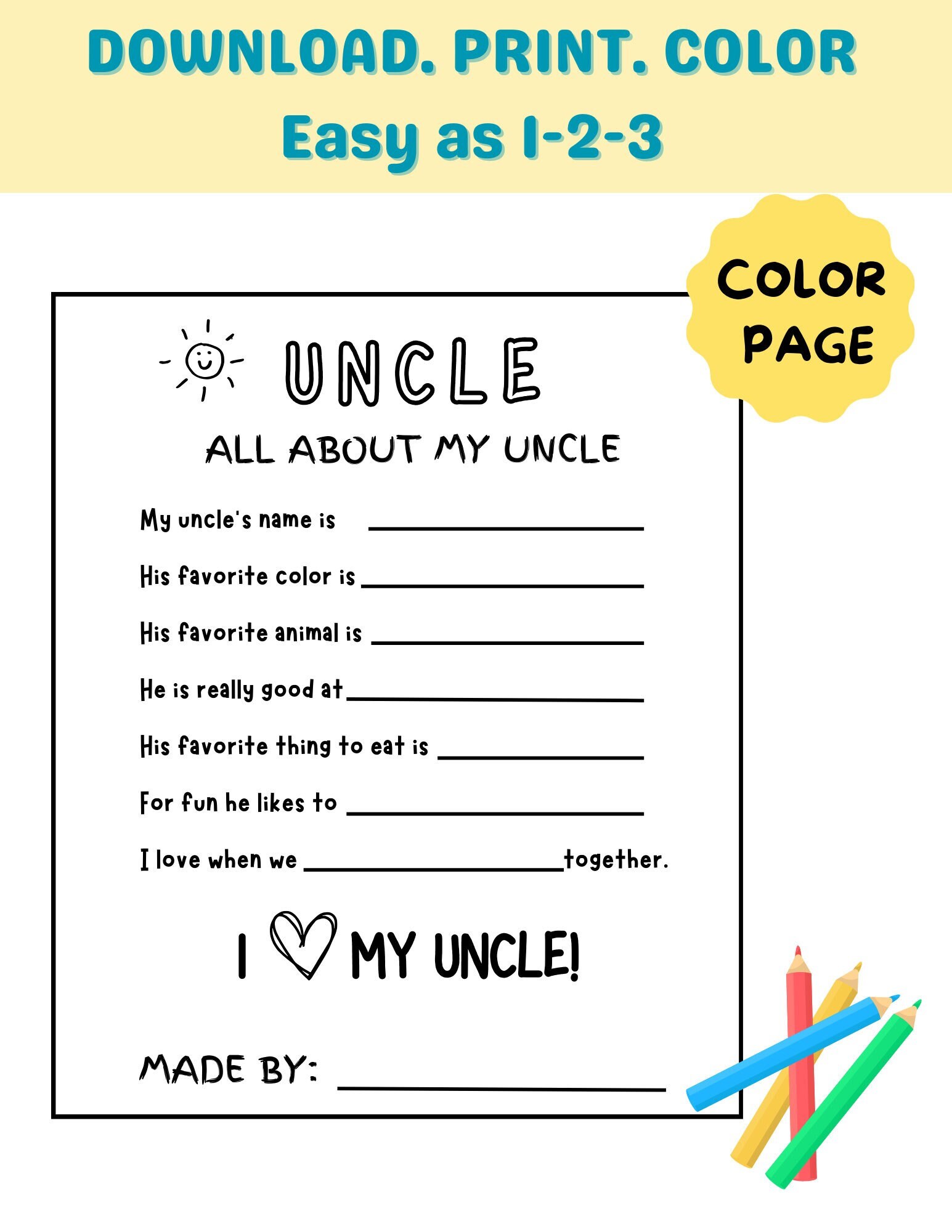 All About My Uncle Printable, Uncle Printable, Uncle Activity, Uncle ...