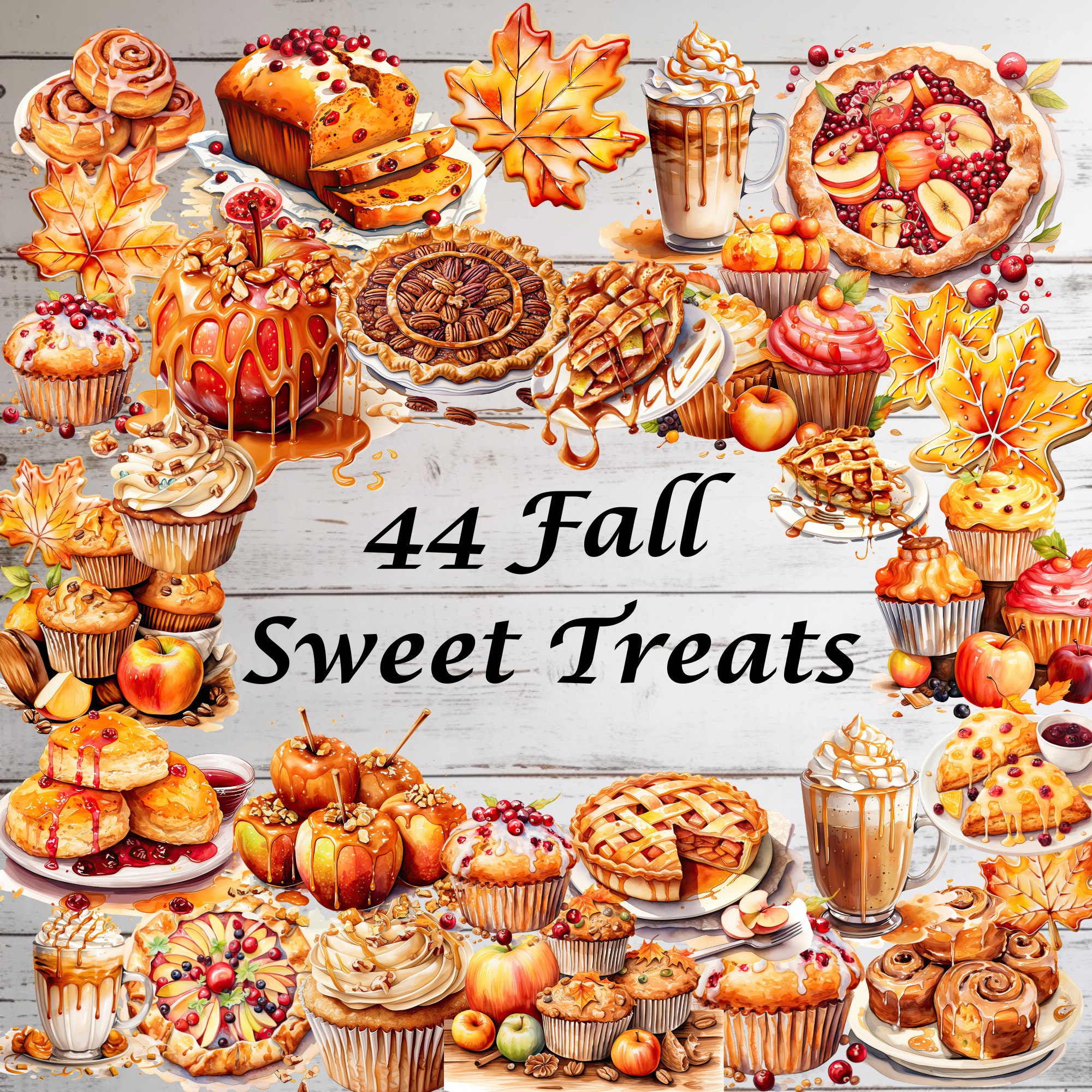 Fall Sweet Treats Watercolor Clipart Bundle 44 PNG Cozy Fall Images ...