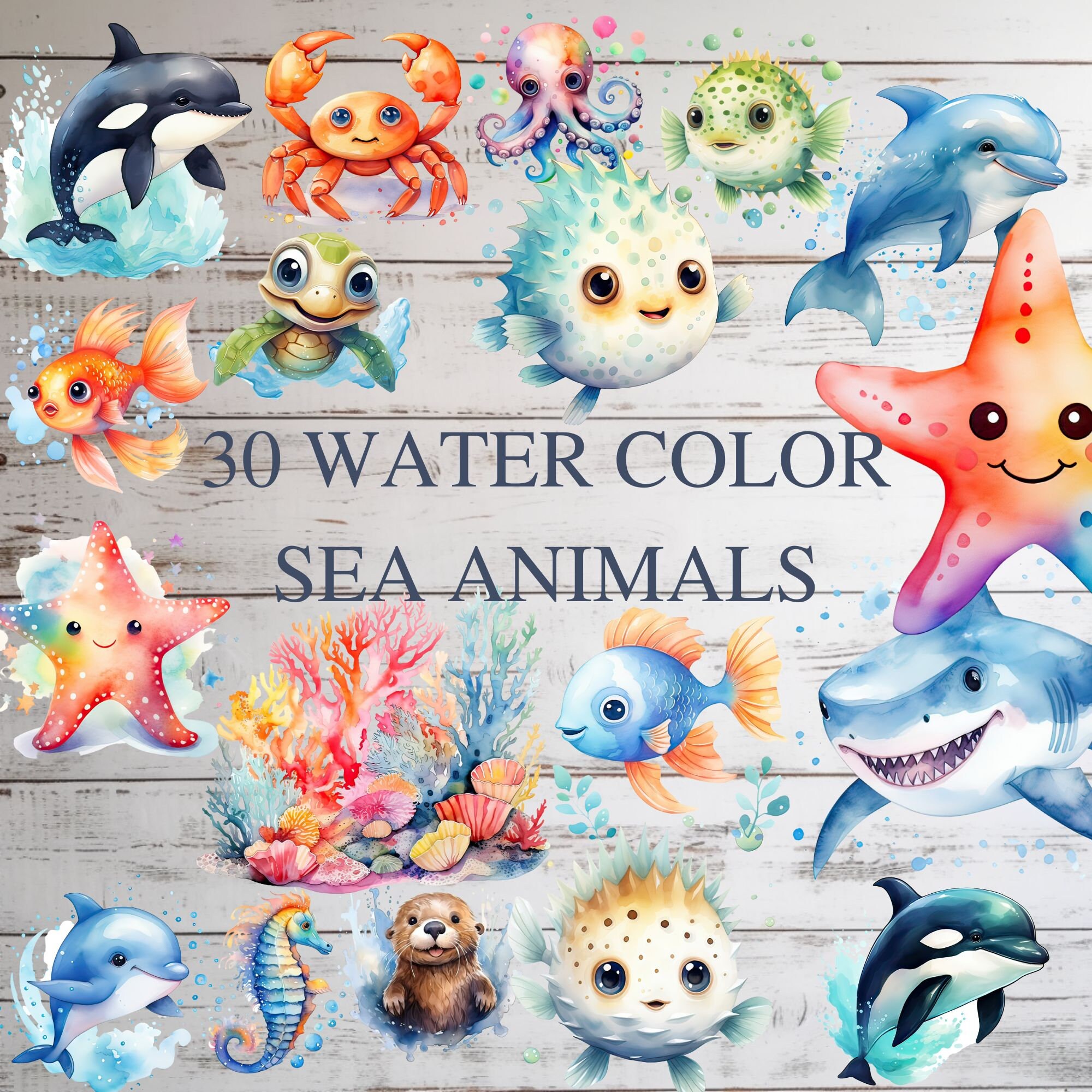 Watercolor Sea Ocean Animals Clipart Cute Decor Bundle for Kids, Marine ...