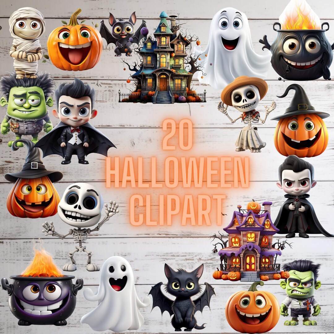 Halloween Cute Ghost Vampire Bat Clipart Bundle of 20 - Transparent ...