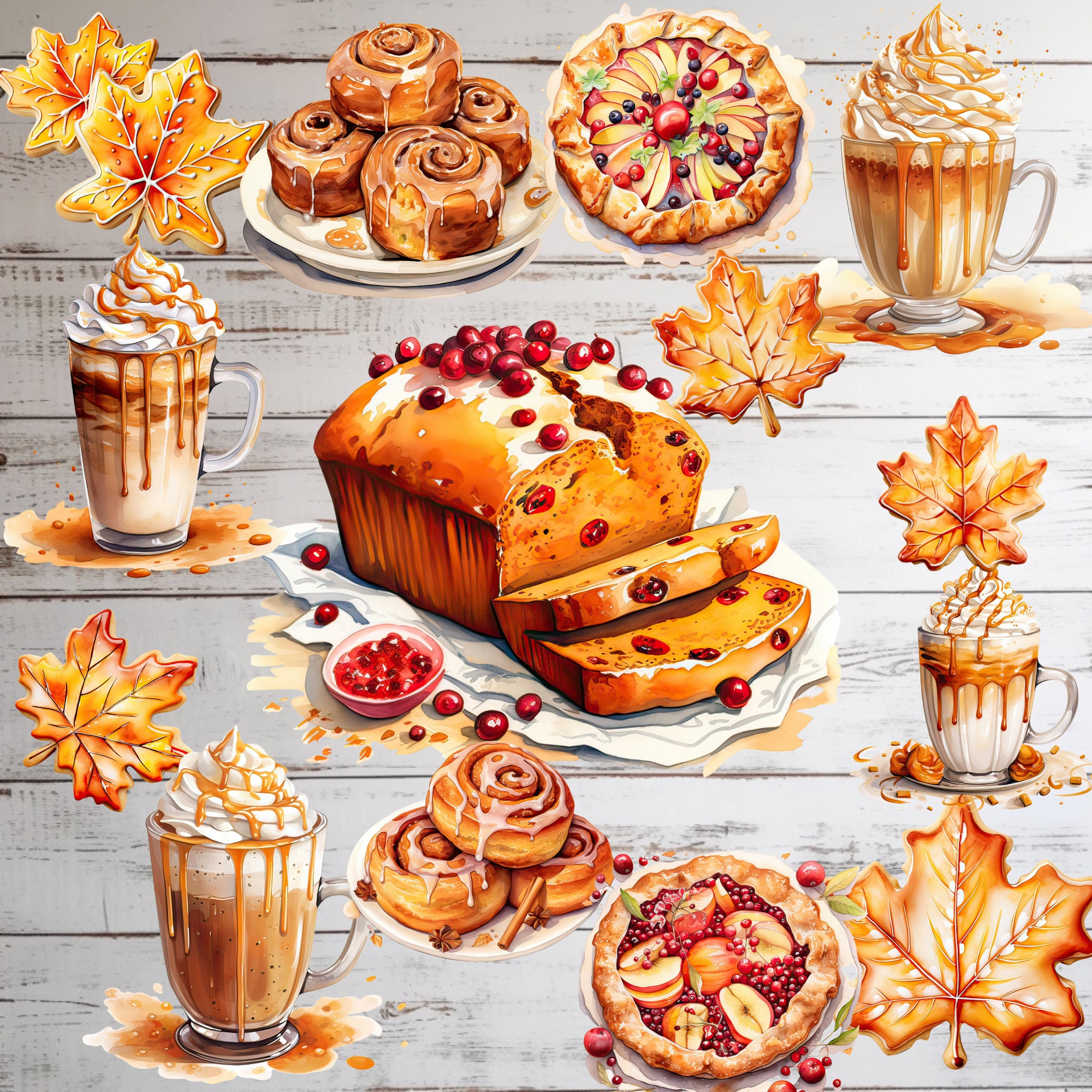 Fall Sweet Treats Watercolor Clipart Bundle 44 PNG Cozy Fall Images ...