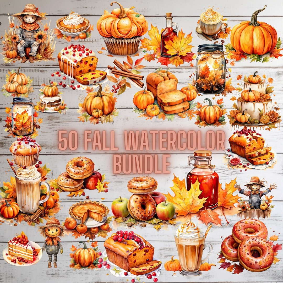Fall Watercolor Clipart Bundle - 50 PNG Cozy Fall Images, Pumpkins ...