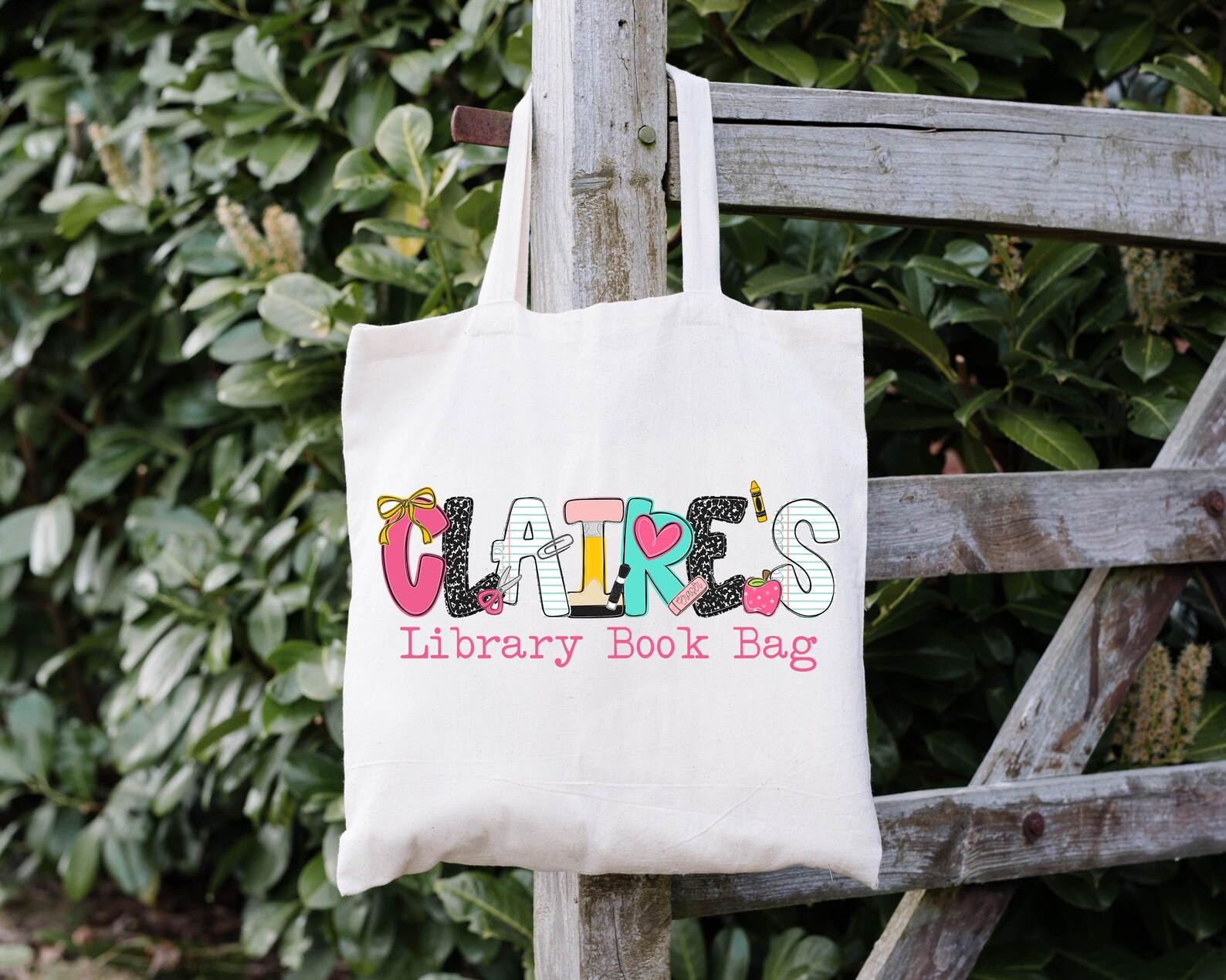 Girls Name Library Book Bag, Personalized Library Tote, Custom Name ...